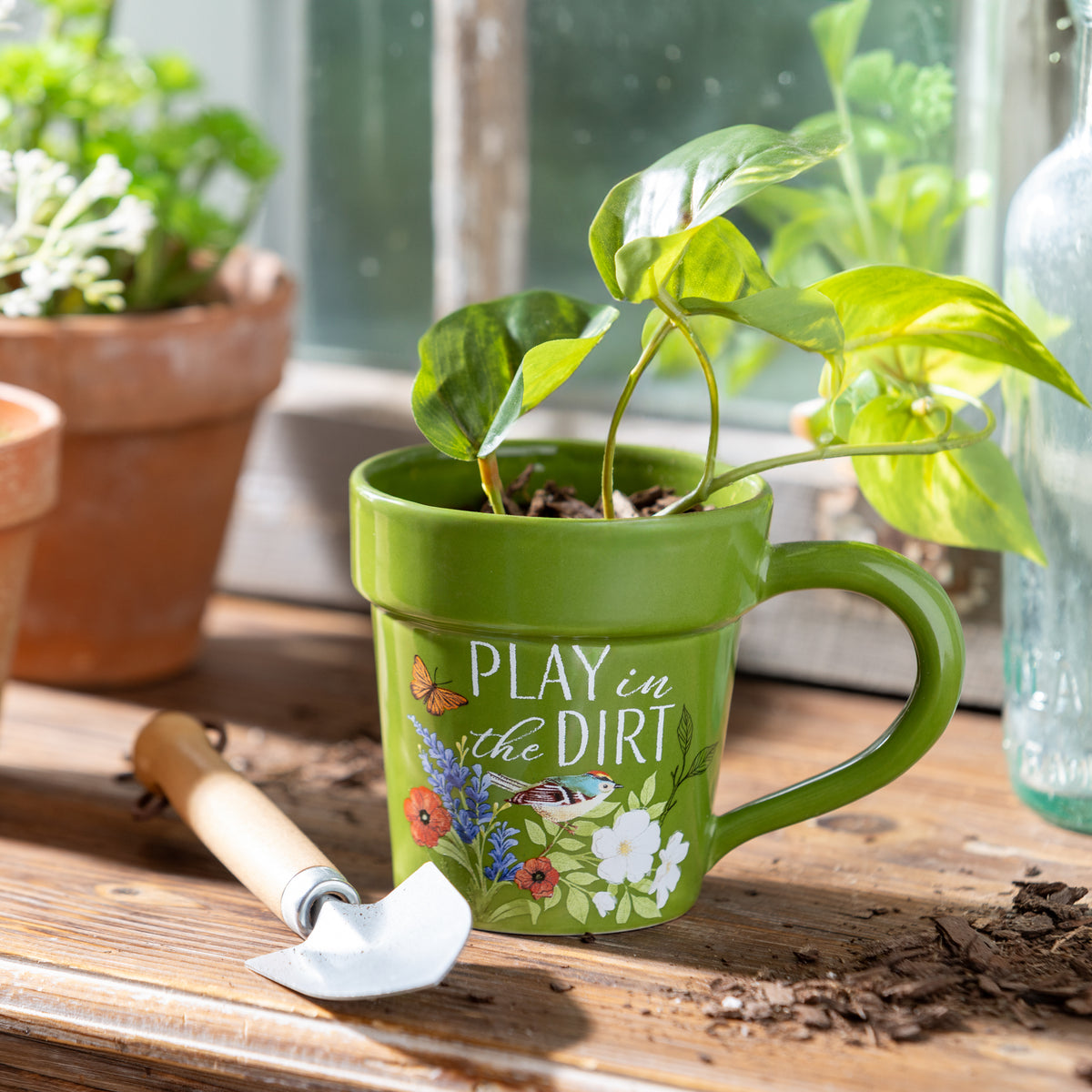 Garden Pot Sculpted Ceramic Cup and Hand Shovel Giftset, 12oz, Gift Bo ...